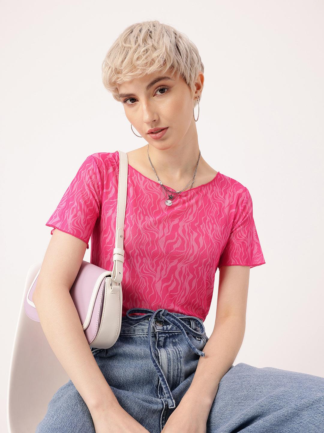 Buy DressBerry X Fwd Printed Soft Net Semi Sheer Fitted Crop Top - Tops ...