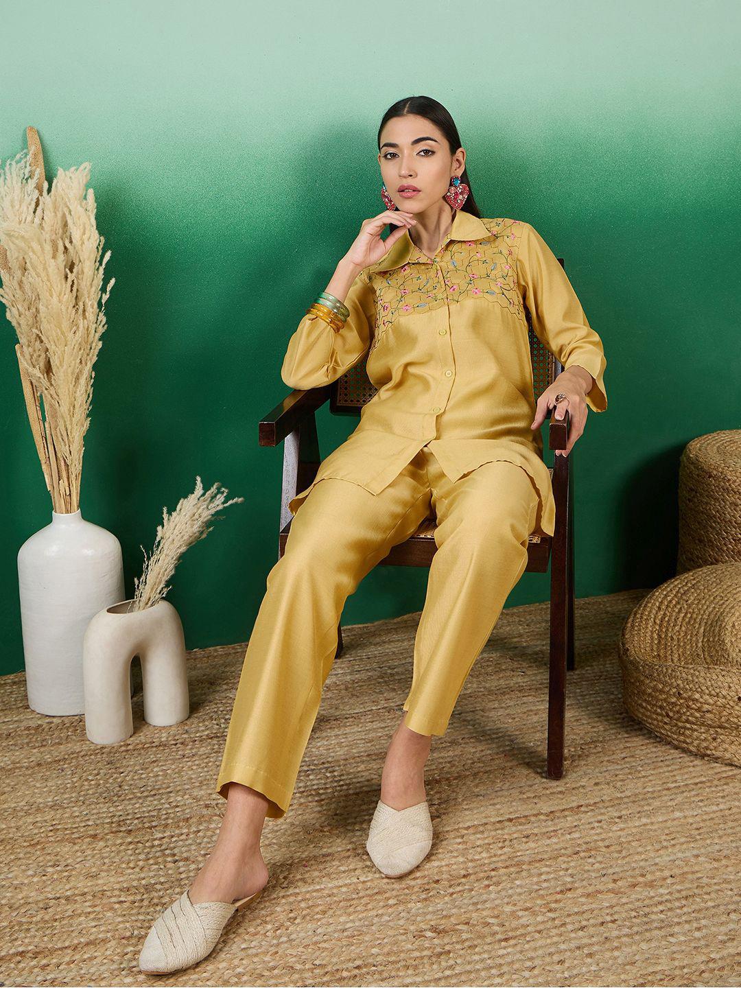 Buy Sangria Yellow Floral Embroidered Shirt & Trousers Co Ords - Co ...
