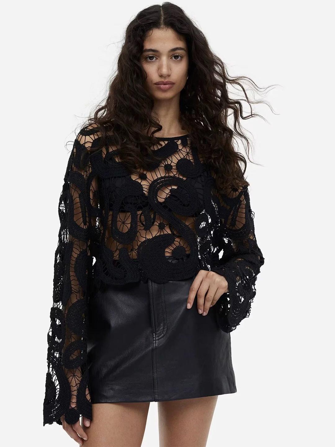 Buy LULU & SKY Black Self Design Crochet Party Top - Tops for Women ...
