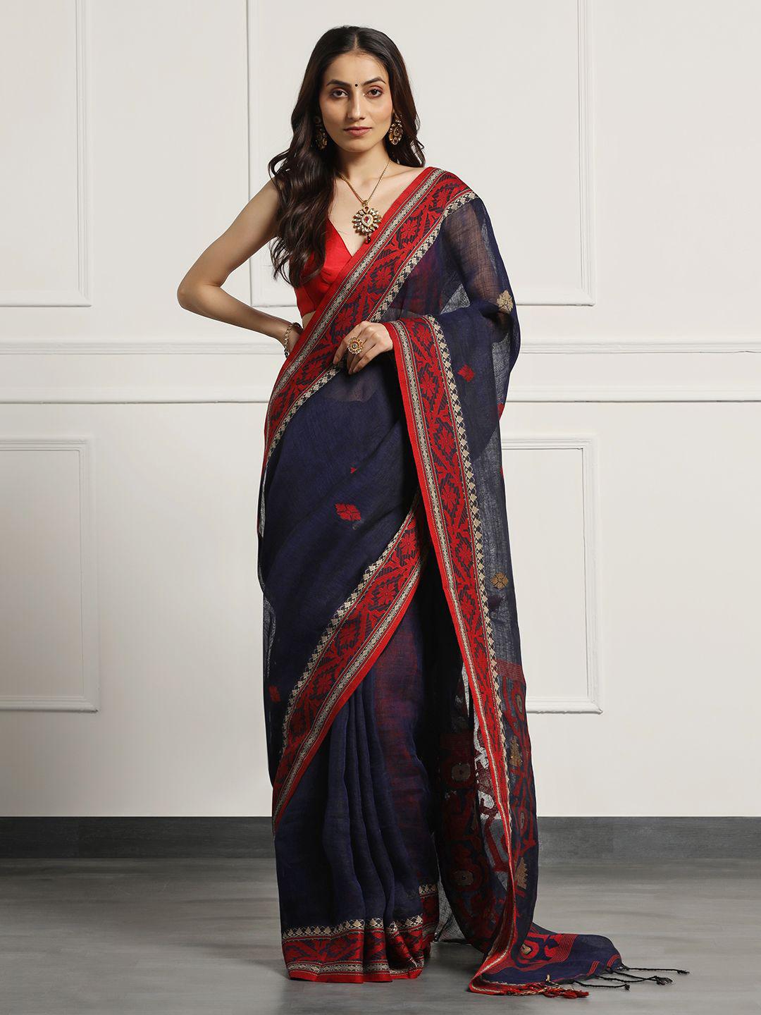 Buy ADITRI Handloom Ethnic Motifs Pure Linen Handloom Jamdani Saree ...