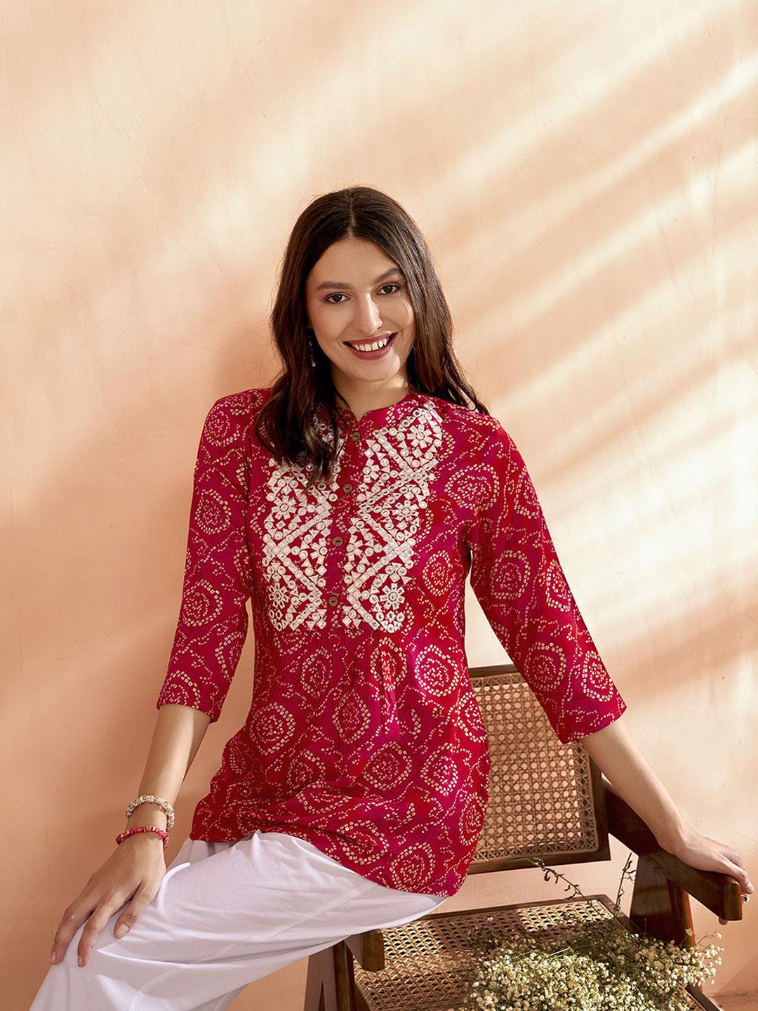 Buy Anouk Bandhani Printed Mirror Work Short Kurti - Kurtis for Women ...
