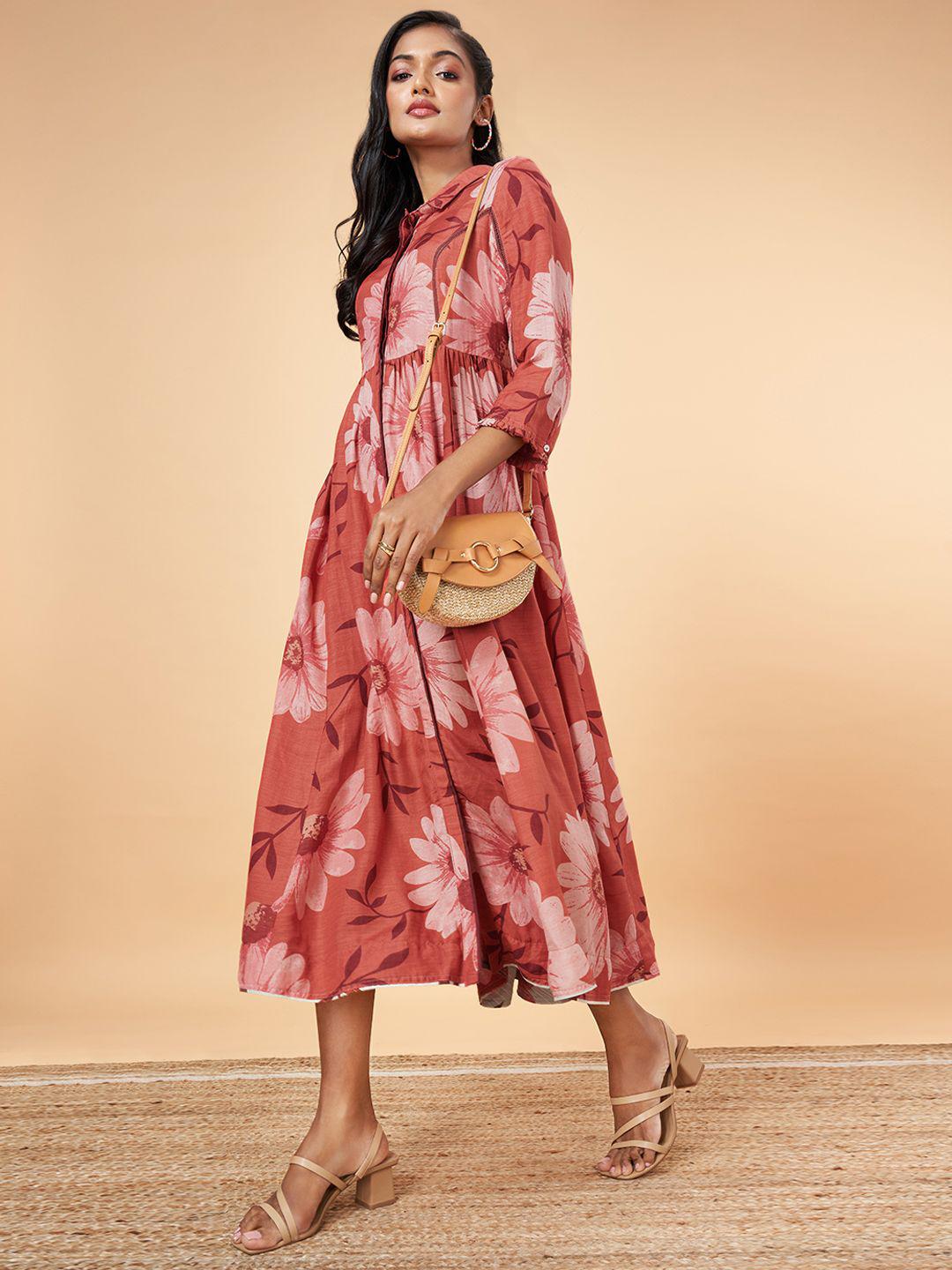 Buy Marigold Lane Tie And Dye Print Tie Up Neck Linen A Line Midi Dress ...