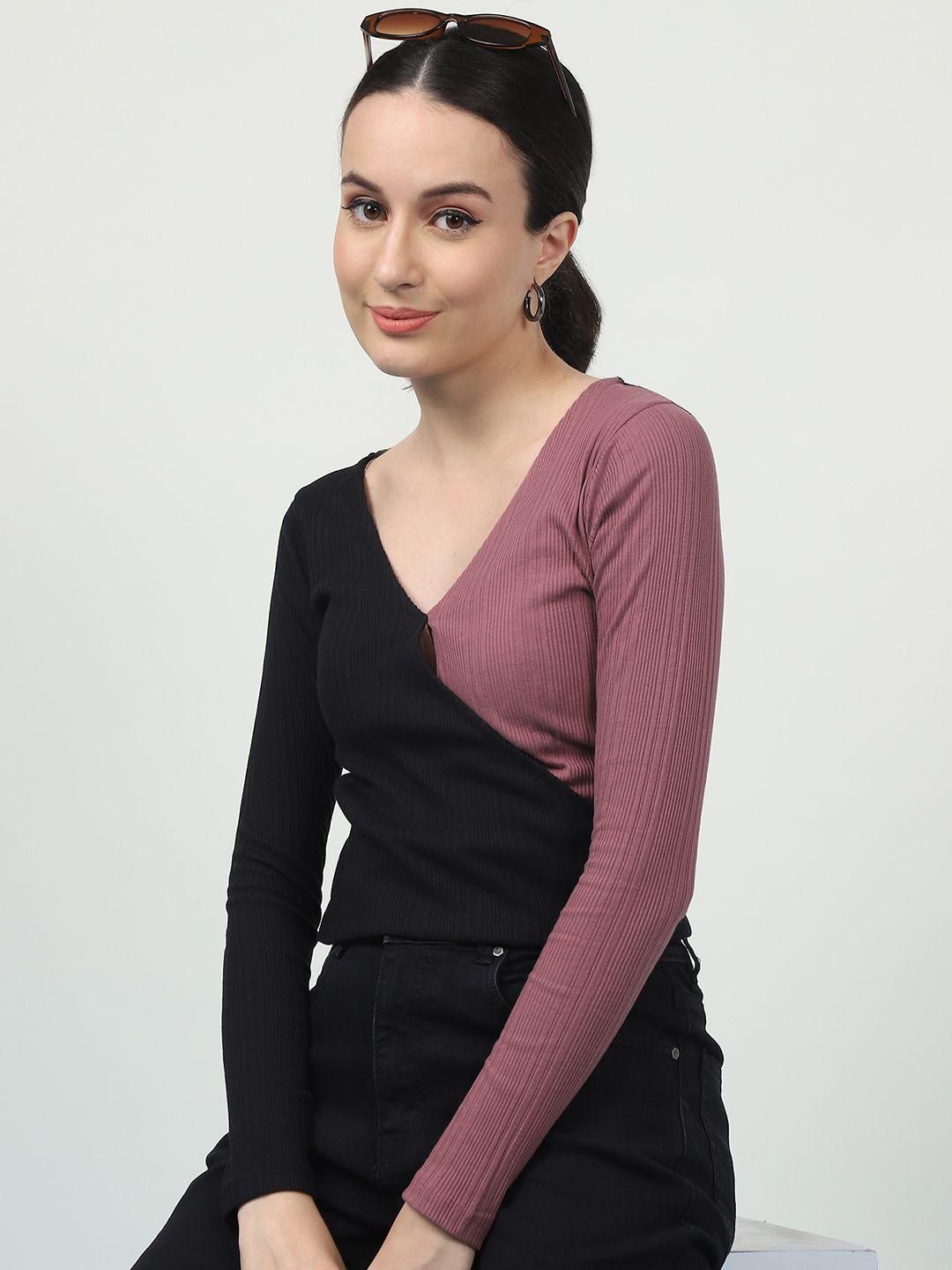 Buy Rigo Women Mauve & Black Colourblocked Wrap Top - Tops for Women ...