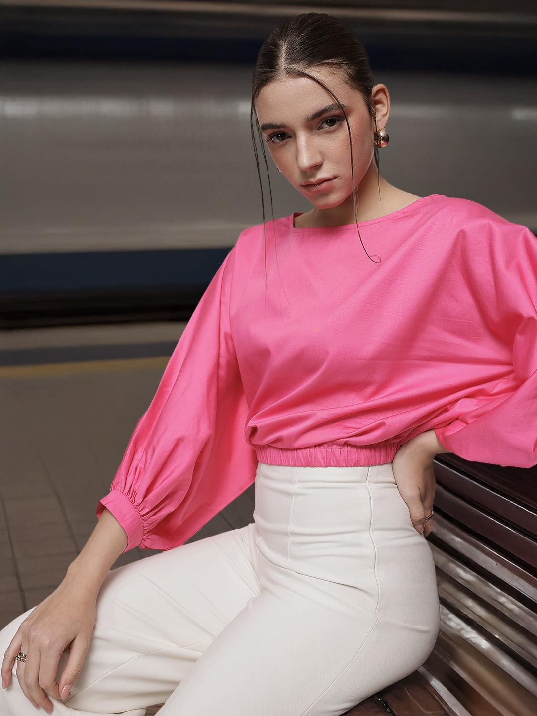 Buy French Connection Pure Cotton Gathers Extended Sleeves Draped Top ...