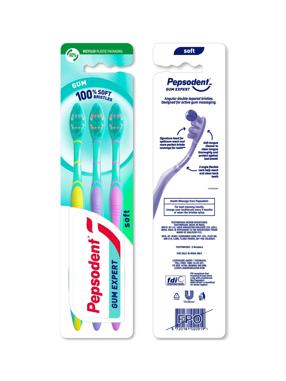 Buy Pepsodent 3Pcs Gum Expert Toothbrush With 100% Soft Bristles For ...