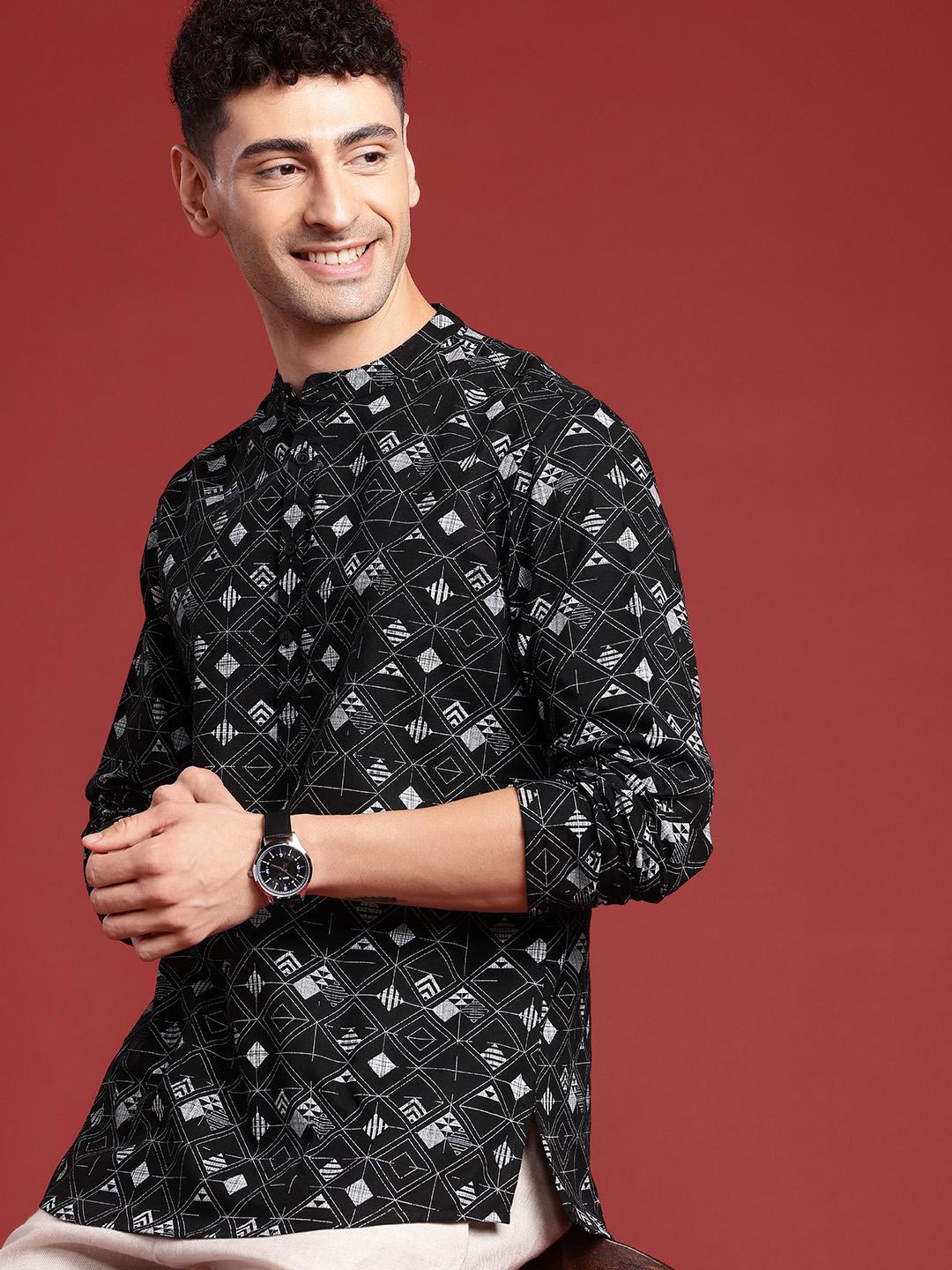 Buy Anouk Men Geometric Printed Mandarin Collar Pure Cotton Short Kurta ...