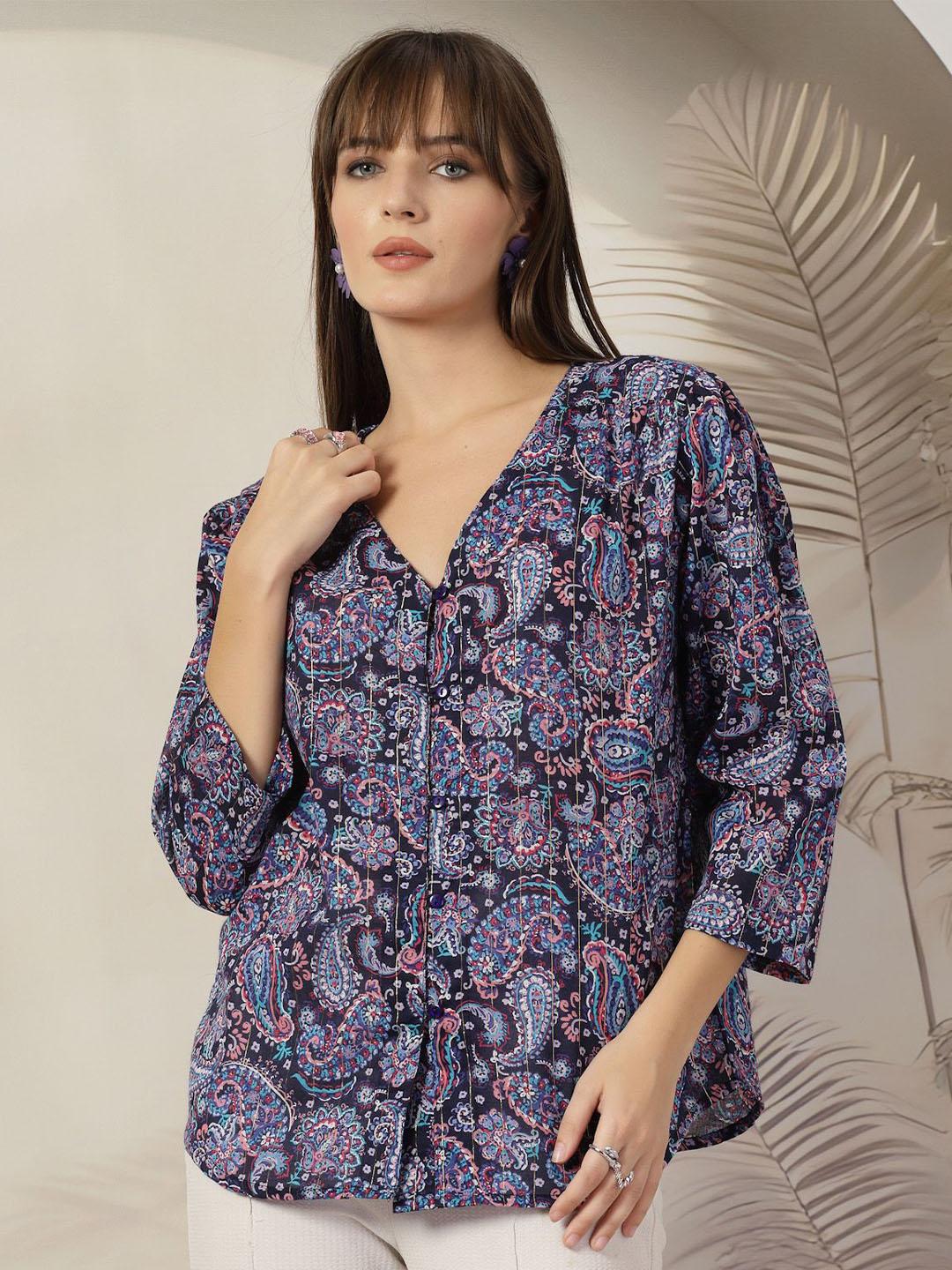 Buy PlusS Pure Cotton Ethnic Motifs V Neck Shirt Style Top - Tops for ...