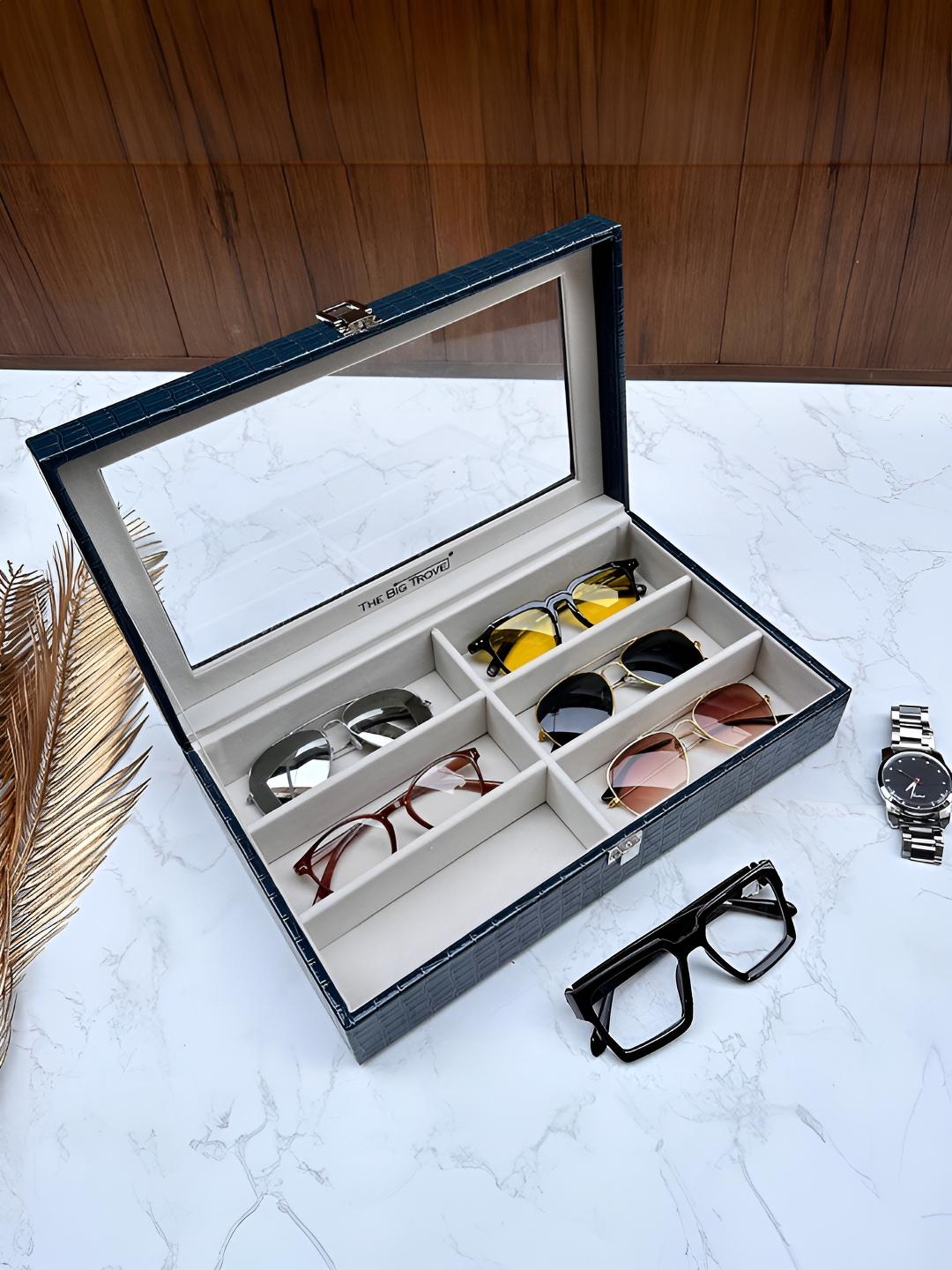 Buy La Trove Unisex 6 Slot Blue Leather Sunglass Organizer Glass Top ...
