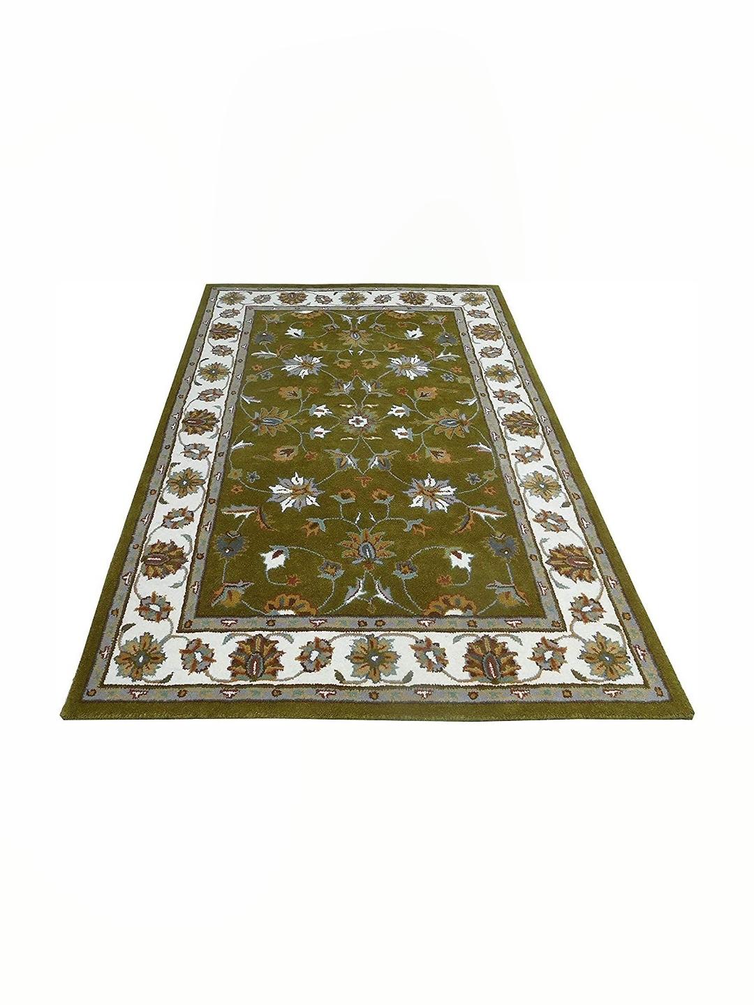 Buy Safiya Carpet Green Ethnic Motifs Hand Tufted Woollen Carpets ...