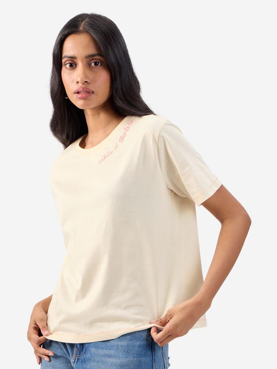 Buy The Souled Store Women Embroidered Typography Cotton Relaxed Fit T ...