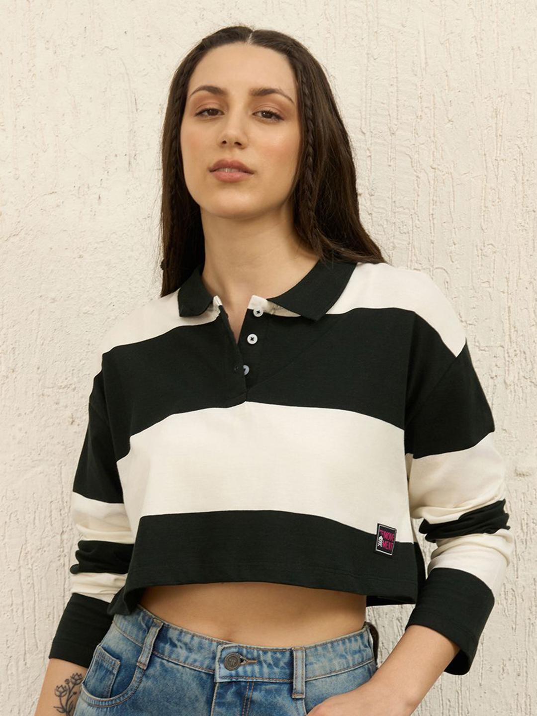 Buy Hubberholme Women Striped Polo Collar Cotton Boxy Crop T Shirt ...