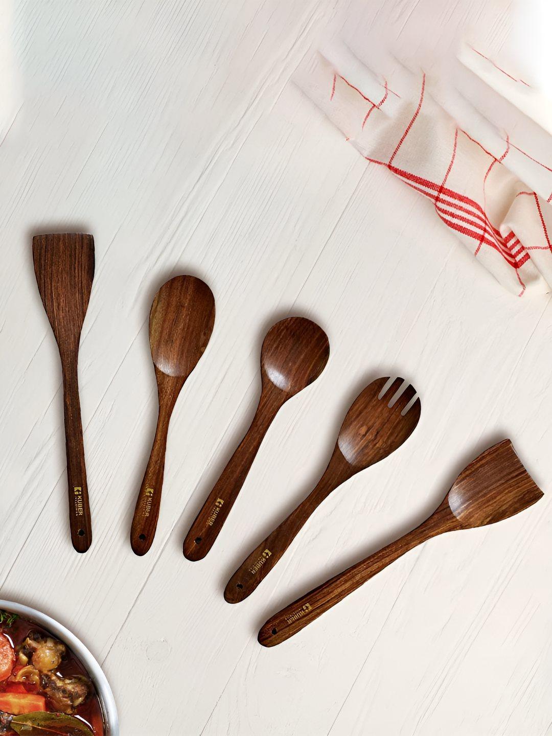 Buy Kuber Industries Brown 5 Pieces Wooden No Harmful Spatula - Spatula ...