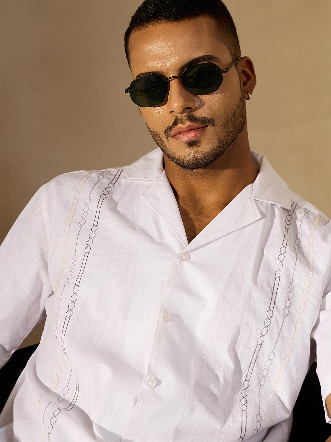 Buy DENNISON Men Embroidered Oversized Cuban Collar Short Slevees ...