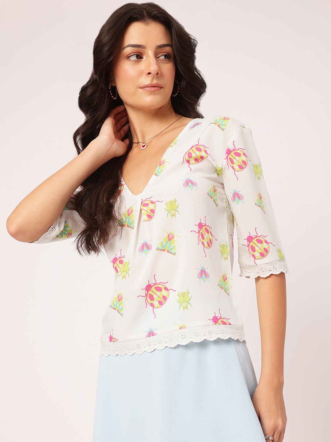 Buy DressBerry X Fwd Floral Print V Neck Lace Detail Top - Tops for ...
