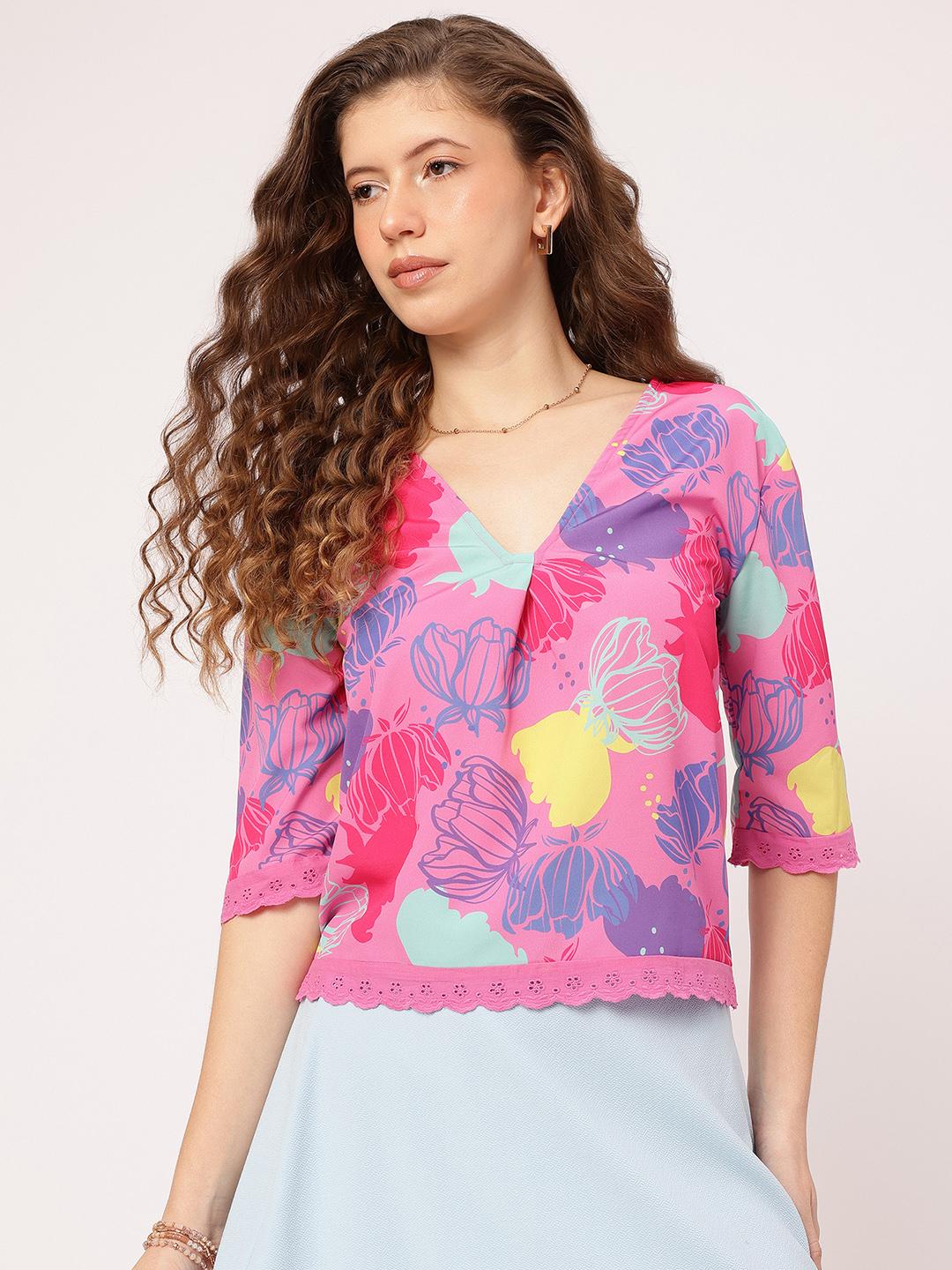 Buy DressBerry X Fwd Floral Printed Schiffli Detail Top - Tops for ...