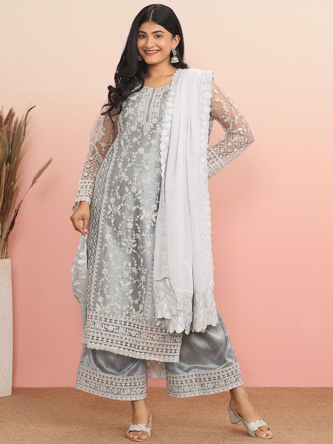 Buy Mahalasa Floral Embroidered Net Straight Kurta With Palazzos
