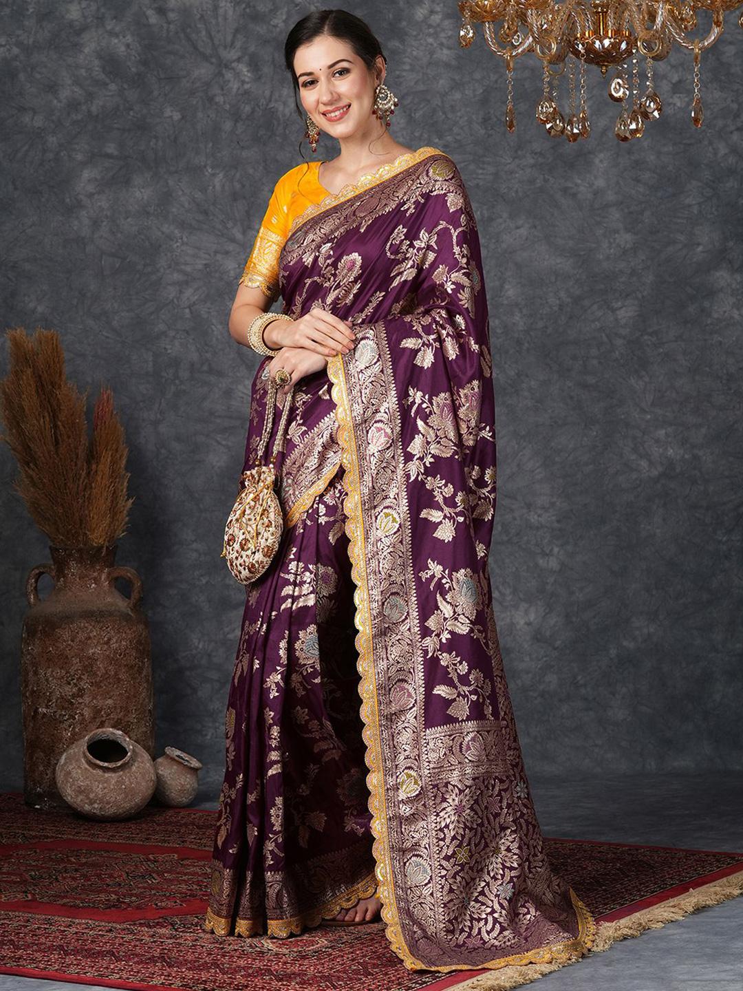 Buy Satrani Ethnic Motifs Zari Woven Sequinned Banarasi Saree - Sarees ...