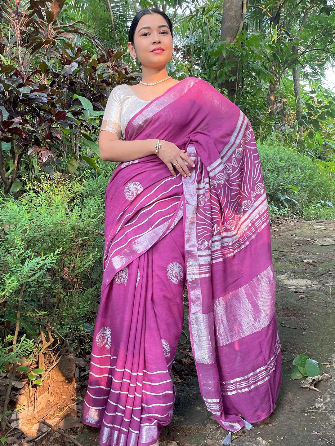 Buy MOGASU Ethnic Motifs Block Printed Zari Pure Linen Saree - Sarees ...