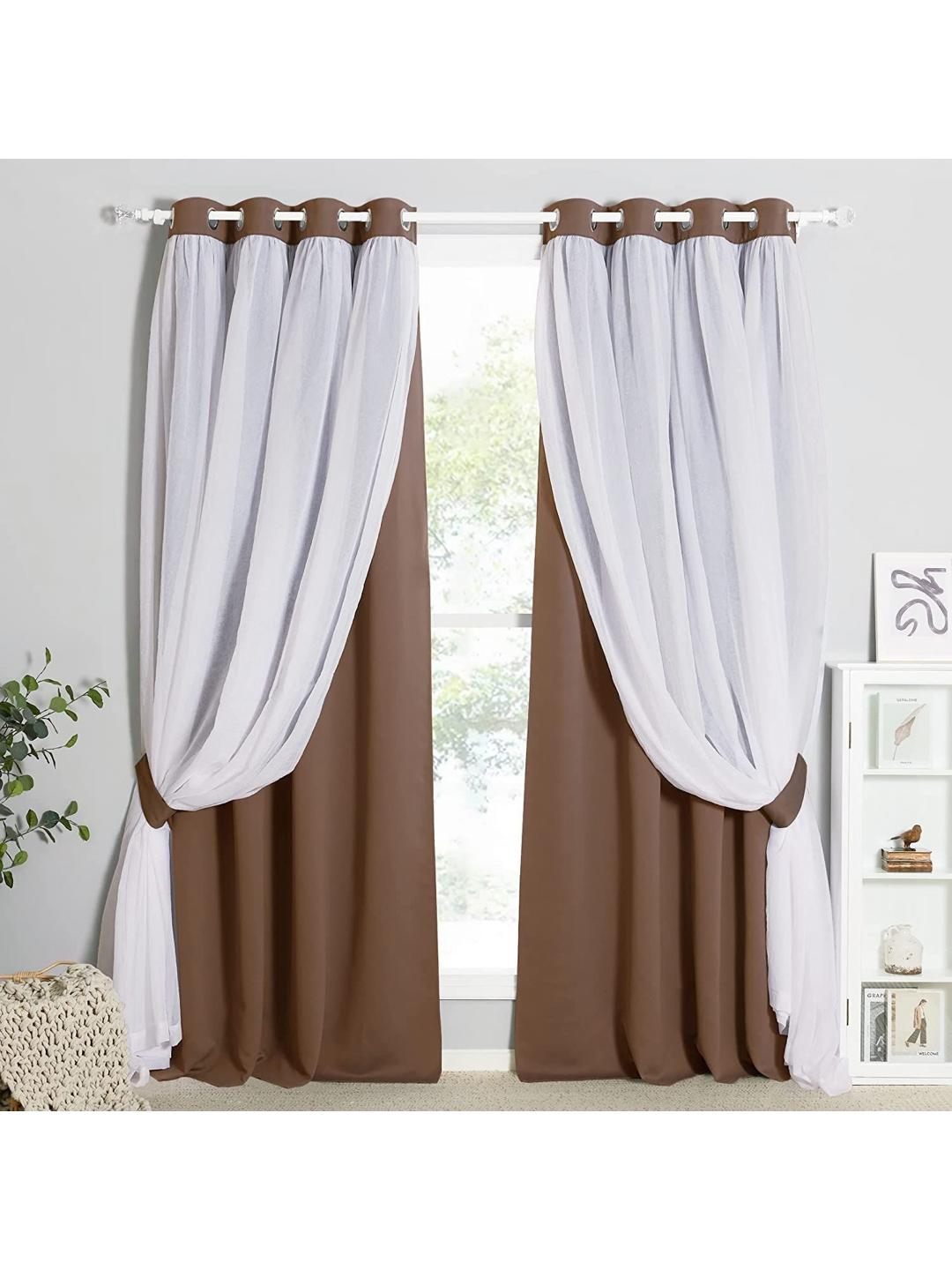 Buy BFAM Brown & White Double Layer Black Out & Sheer Window Curtain ...