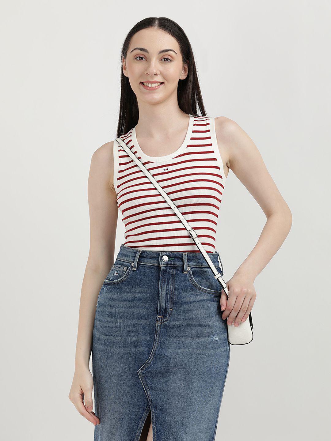 Buy Tommy Hilfiger Striped Cotton Women's Red Color Top - Tops for ...