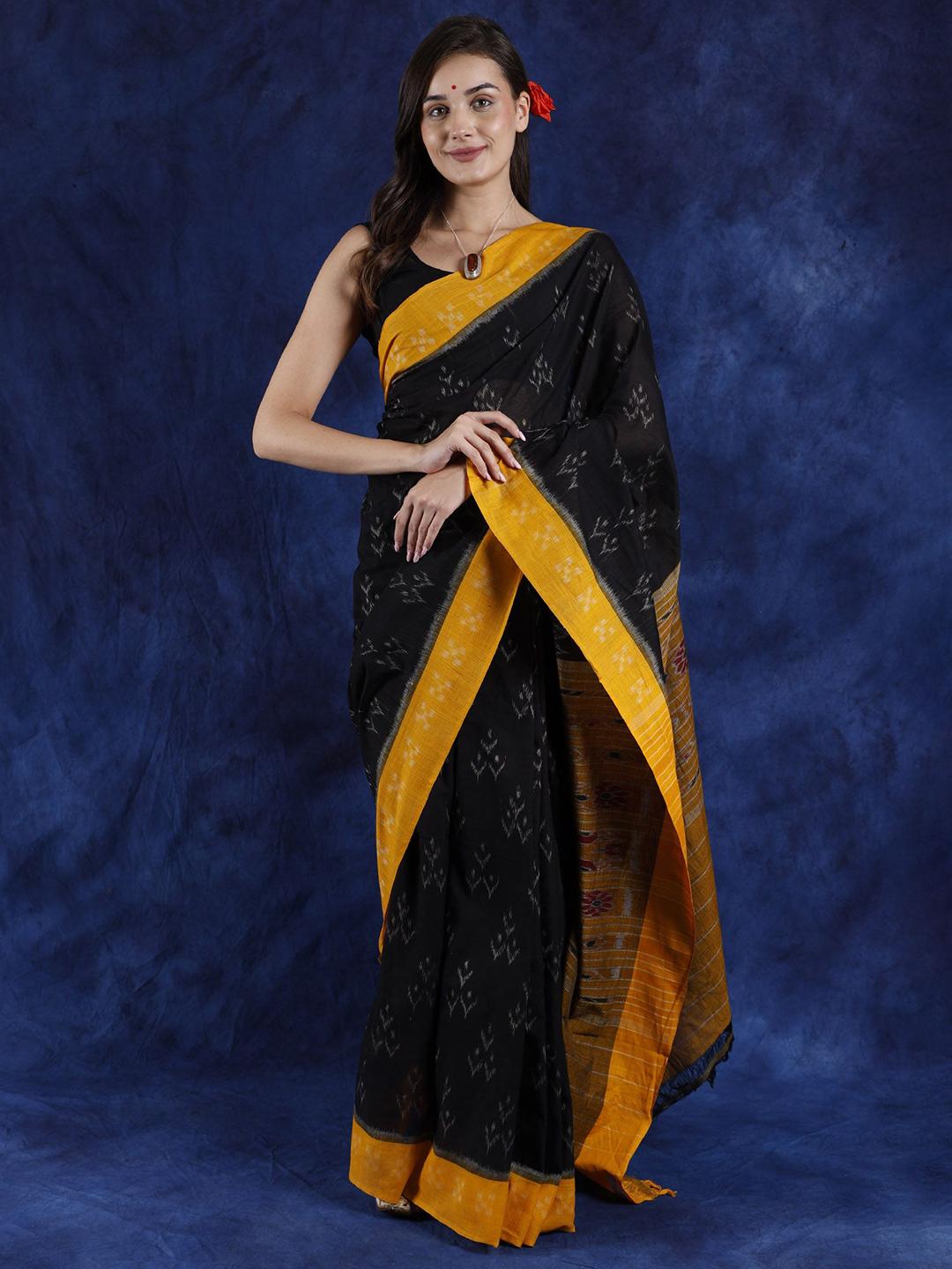 Buy Exotic India Black Onyx Pure Cotton Ikat Handloom Pochampally Saree ...