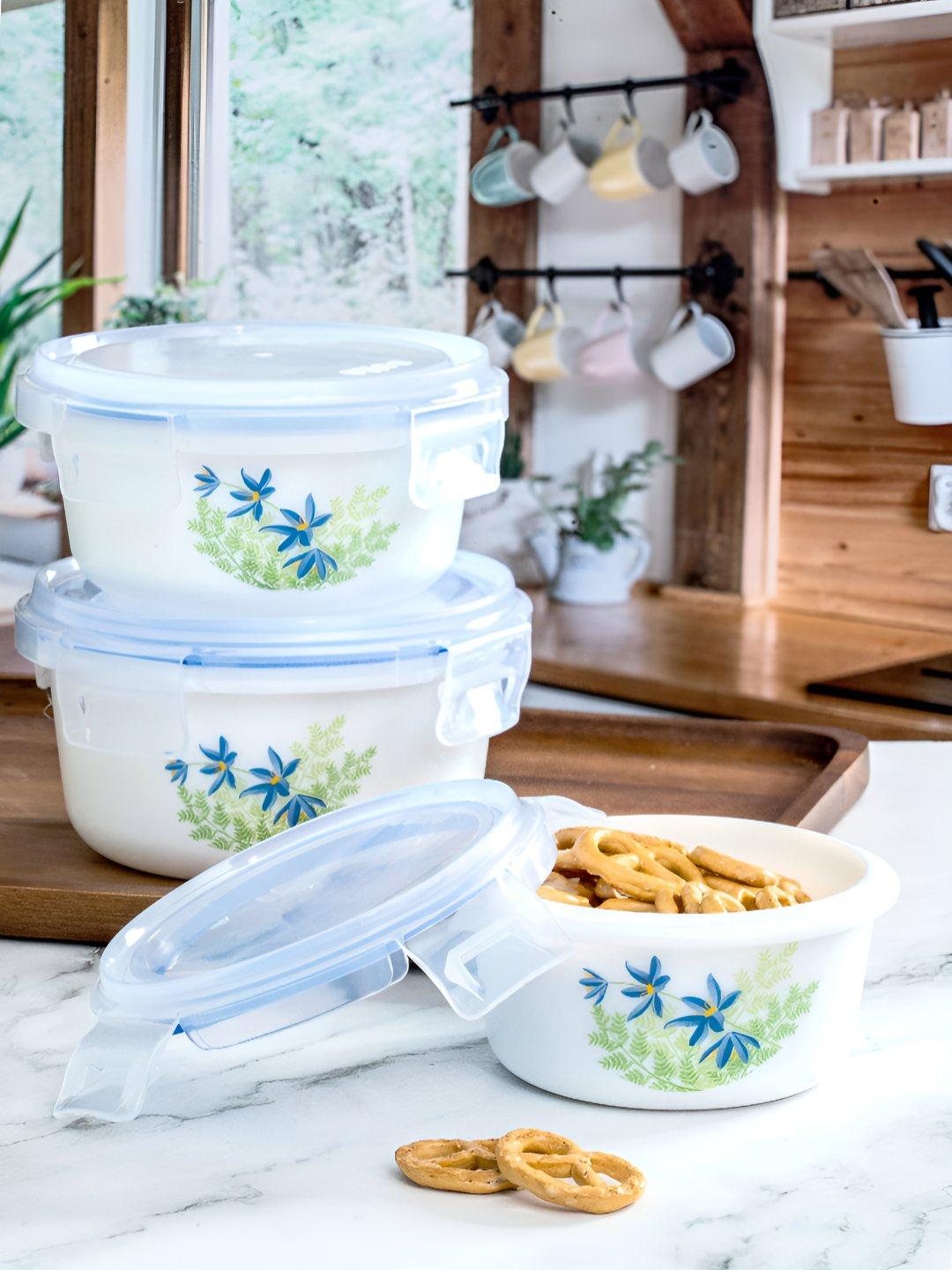 Buy Cello White & Blue Opal Glass 3 Pieces Printed Storage Container ...