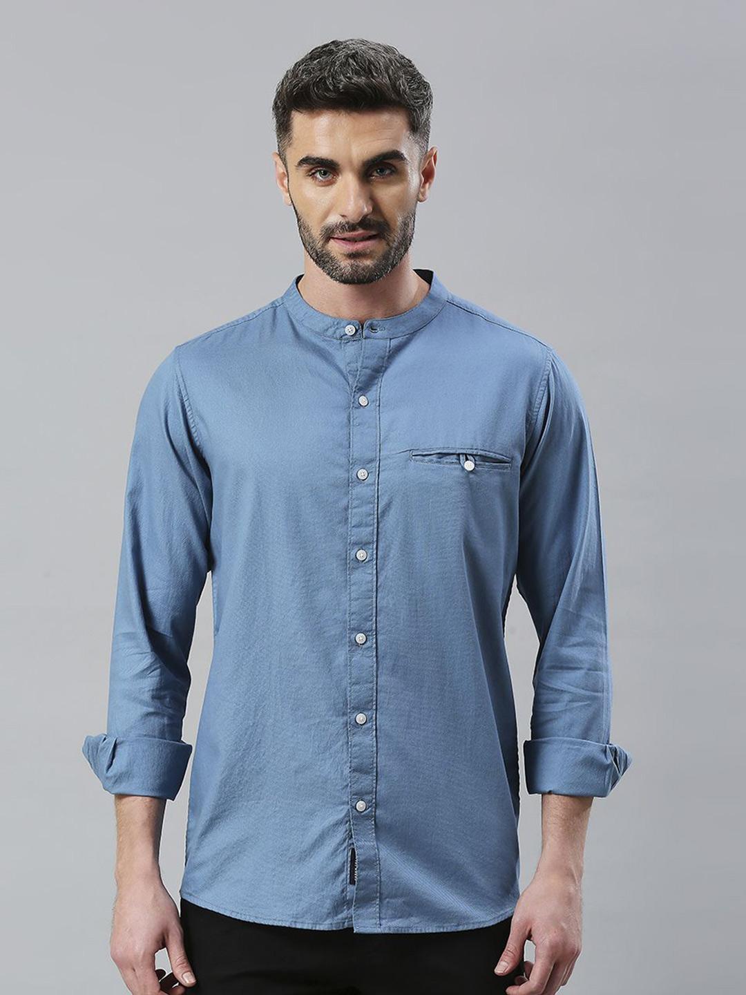 Buy Klub Fox Men Mandarin Collar Solid Cotton Slim Fit Casual Shirt ...