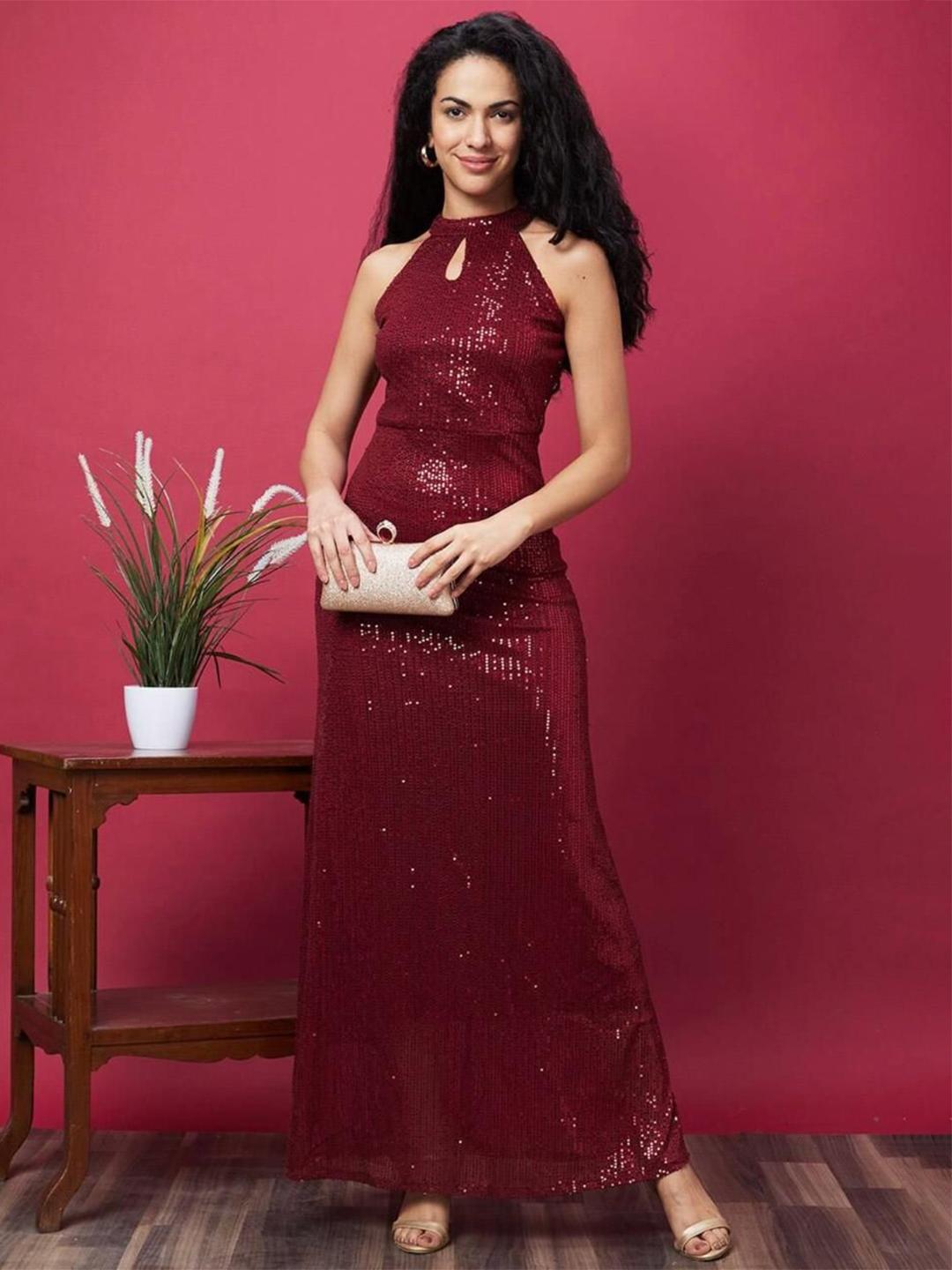 Buy BAESD Women Embellished Halter Neck Net Bodycon Midi Dress ...