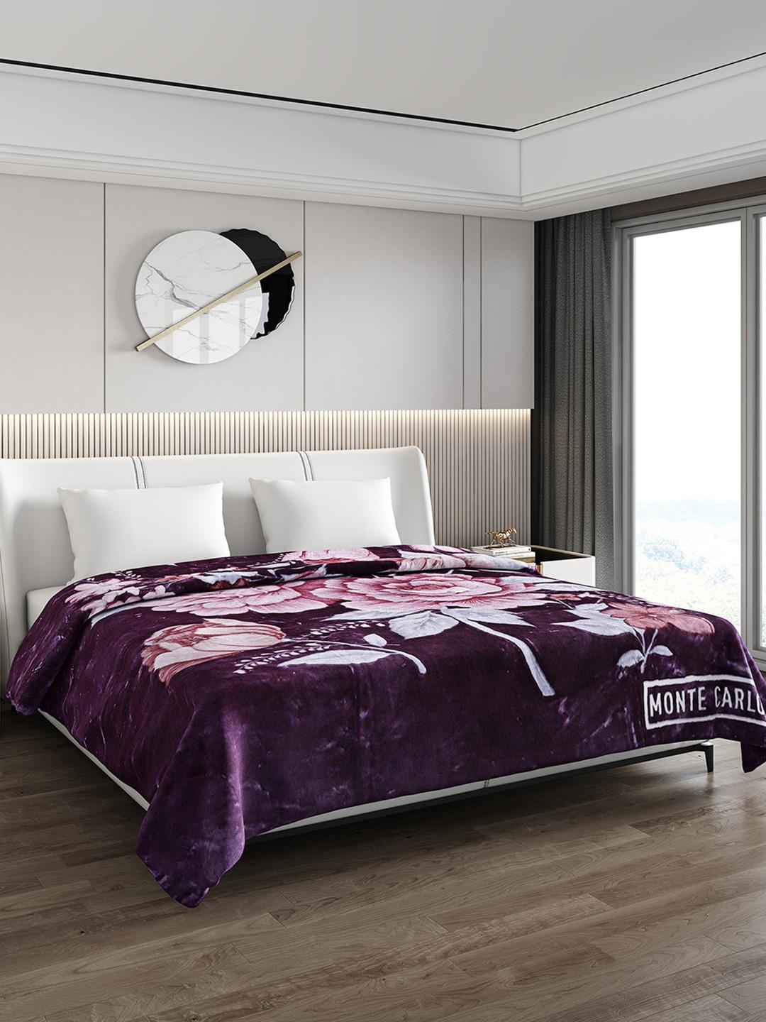 Buy Monte Carlo Violet Floral Printed Heavy Winter Double Bed Blanket ...