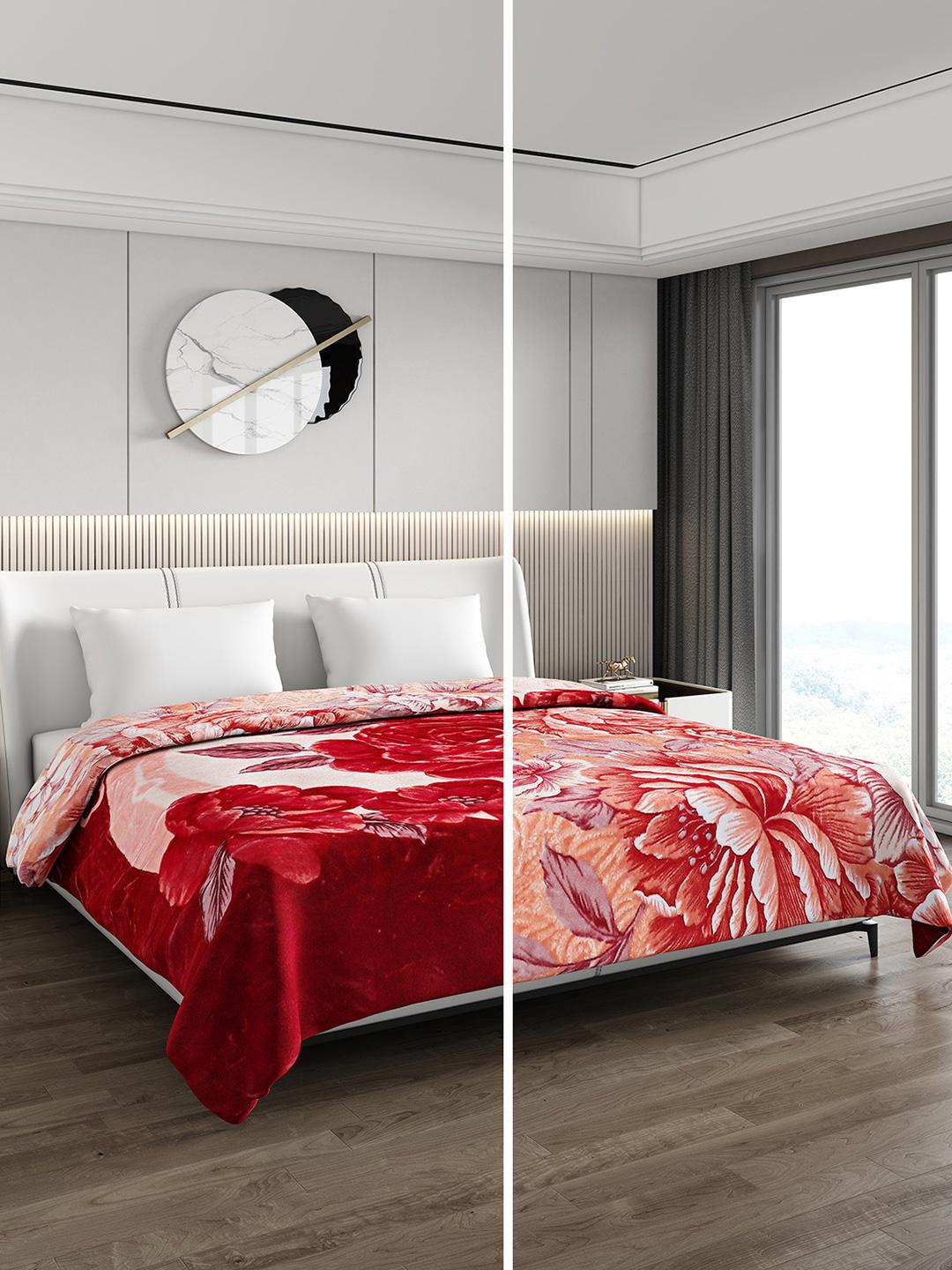 Buy Monte Carlo Red & Orange Floral Printed 650 GSM Mild Winter Double ...