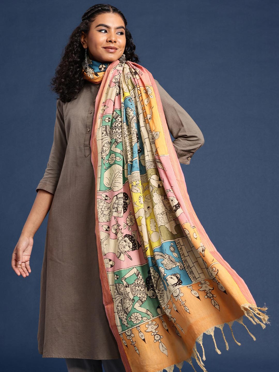 Buy Taavi Ethnic Motifs Hand Painted Kalamkari Dupatta - Dupatta for ...