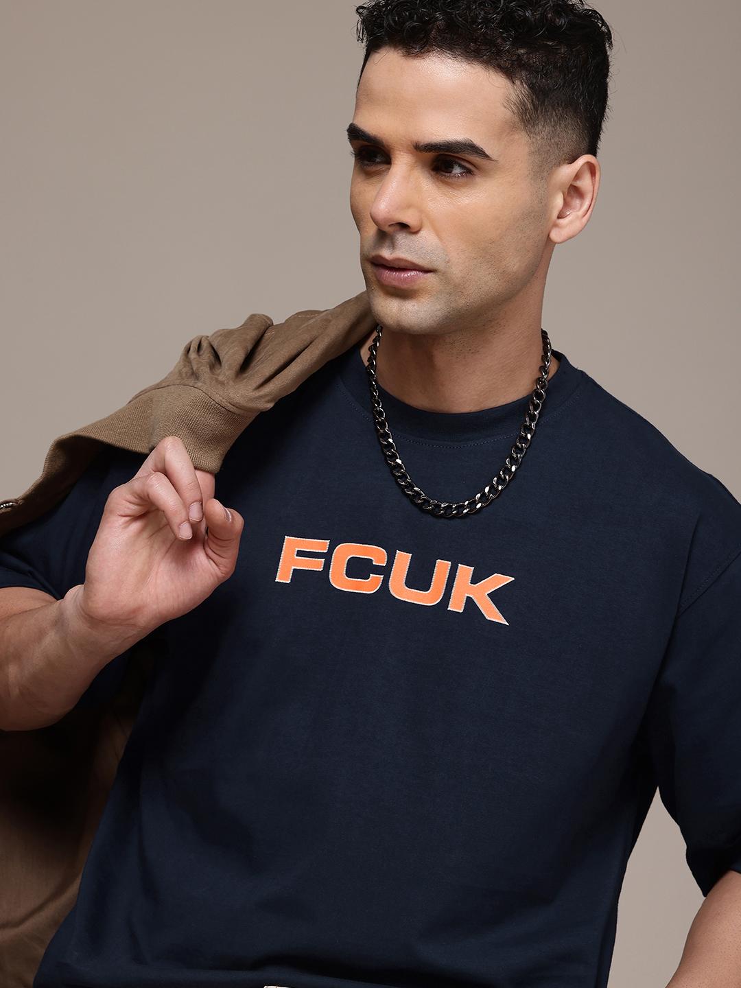 Buy FCUK Pure Cotton Brand Logo Printed Drop Shoulder Sleeves Oversized ...