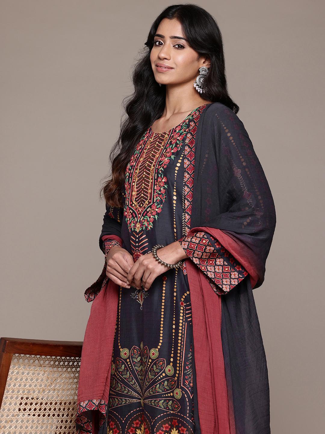 Buy Ritu Kumar Floral Printed Mirror Work Kurta With Palazzos & Dupatta ...
