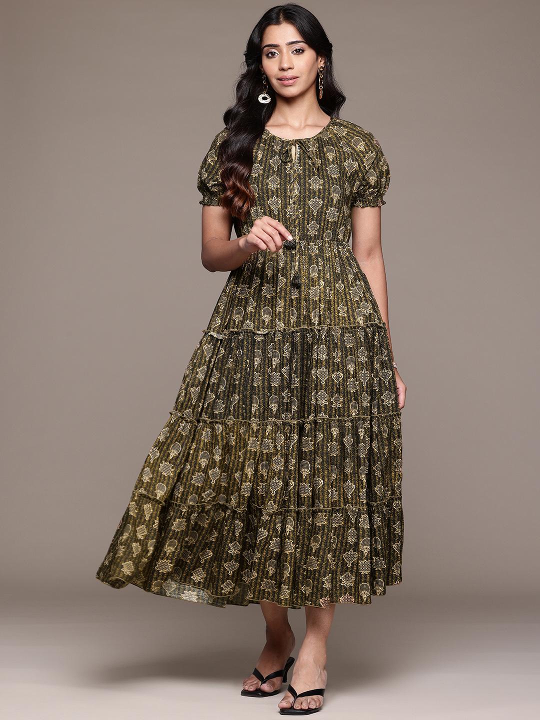 Buy Ritu Kumar Print Tie Up Neck Puff Sleeves A Line Midi Dress ...