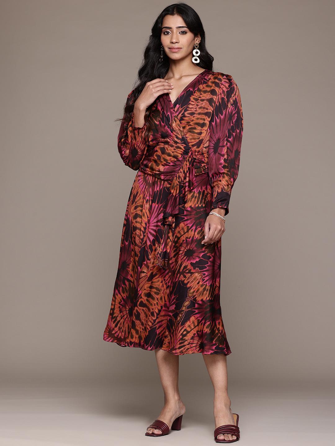 Buy Ritu Kumar Print Bishop Sleeves Satin Midi Dress - Dresses for ...