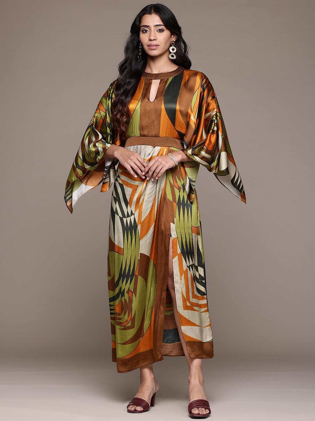 Buy Ritu Kumar Print Keyhole Neck Flared Sleeves Satin Fit & Flare Midi ...