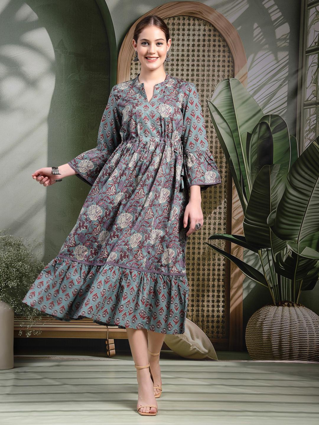 Buy Nayam By Lakshita Floral Printed Bell Sleeve Fit & Flare Midi Dress - Dresses for Women ...