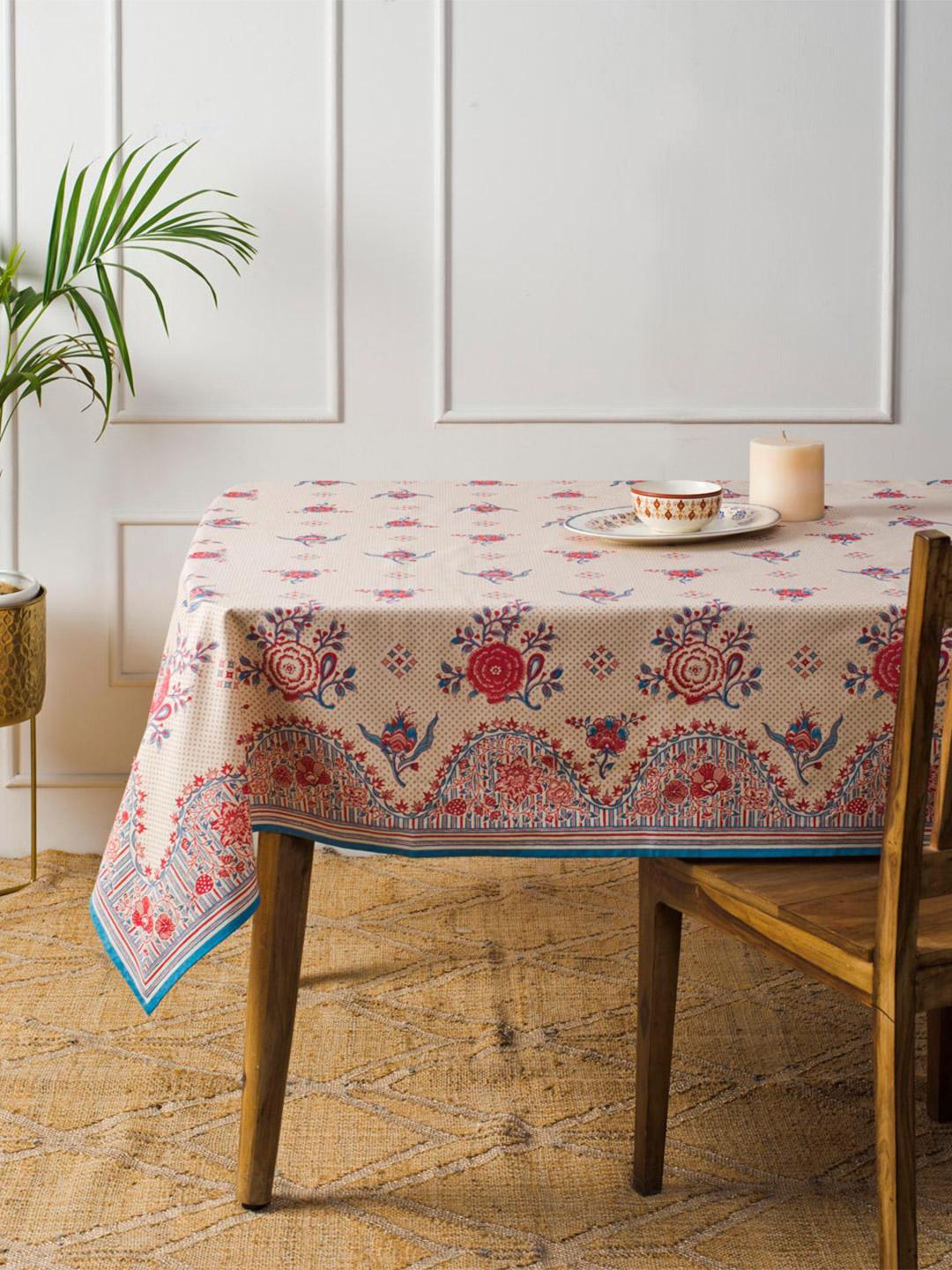 Buy Fabindia Red & Beige Floral Printed Cotton 4 Seater Table Cover ...