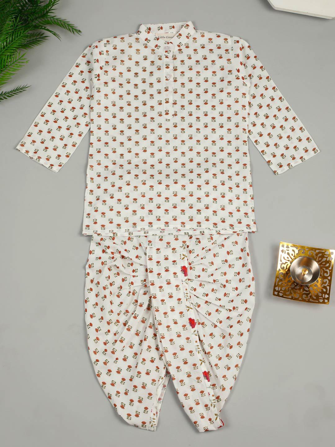 Buy LITTLE GINNIE Boys Floral Printed Regular Pure Cotton Kurta With ...