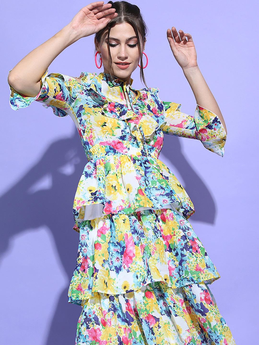 Buy Tokyo Talkies Floral Print Tie Up Neck Cold Shoulder Sleeves Fit ...