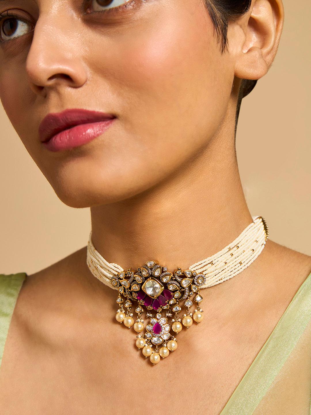 Buy Kushal's Fashion Jewellery Stone Studded & Kundan Beaded Layered ...