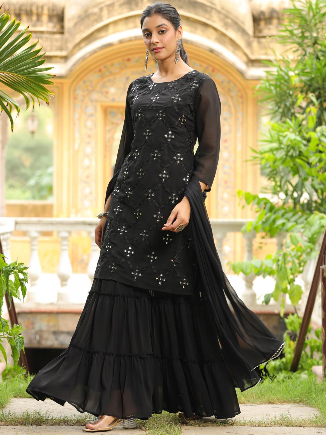Buy Janasya Floral Embroidered Mirror Work Kurta With Sharara & Dupatta ...