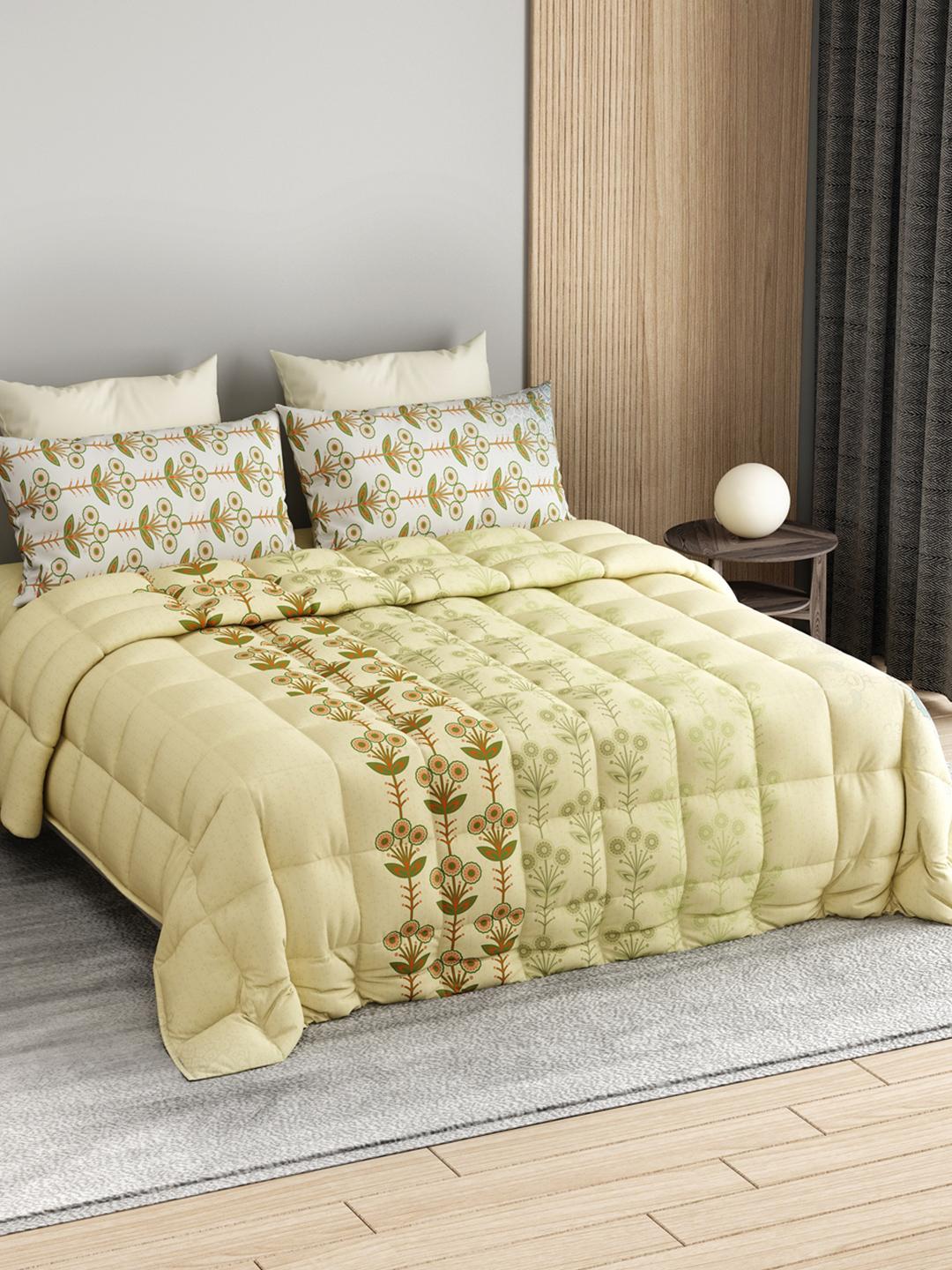 Buy LABHAM Cream Coloured & Green Floral Printed Pure Cotton Double ...