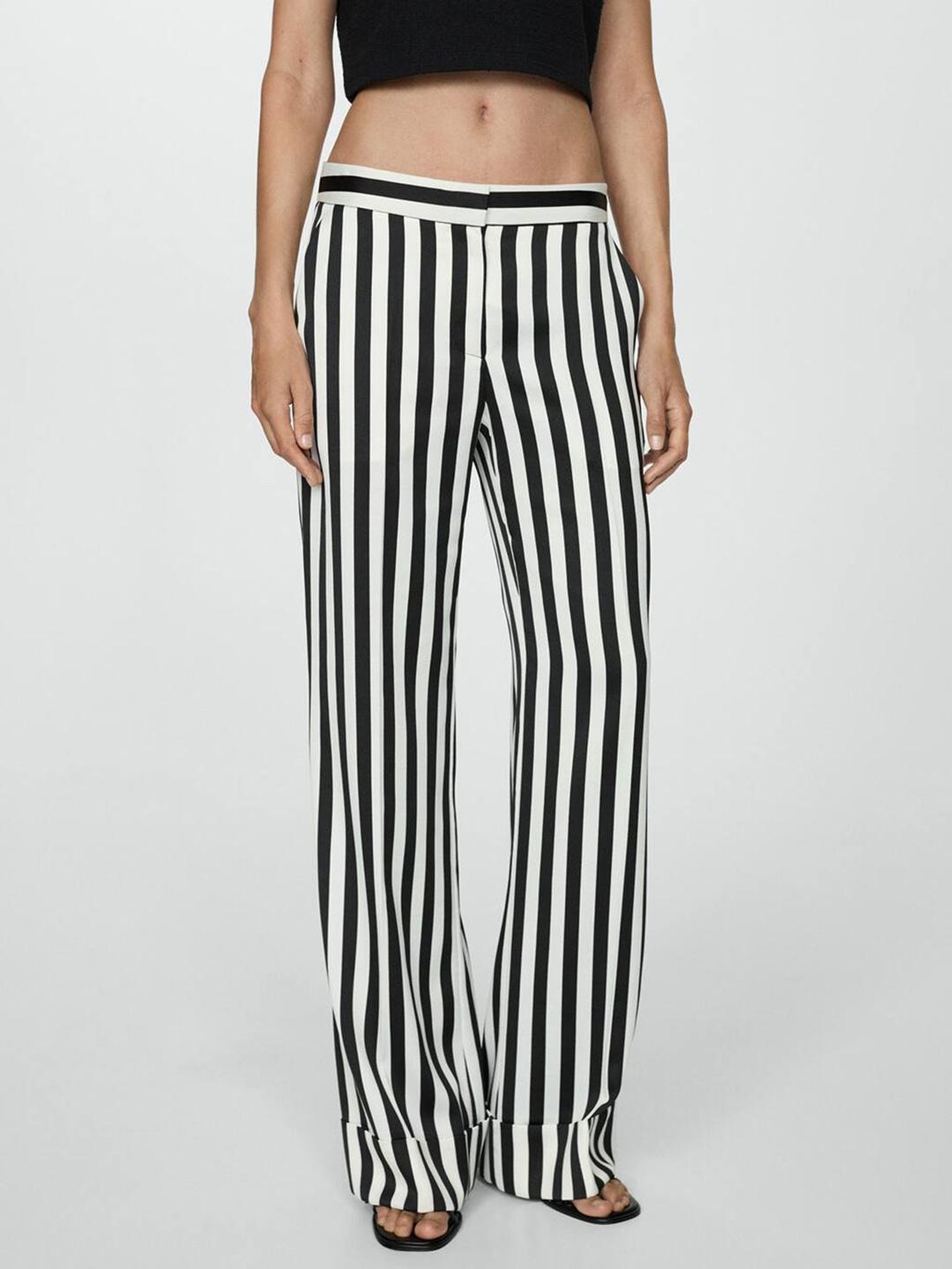 Buy MANGO Women Striped Straight Fit Trousers - Trousers for Women ...