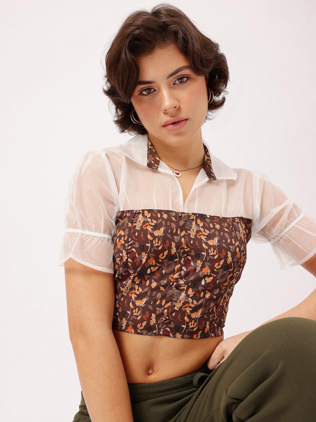 Buy DressBerry X Fwd Printed Shirt Style Net Detail Crop Top - Tops for ...