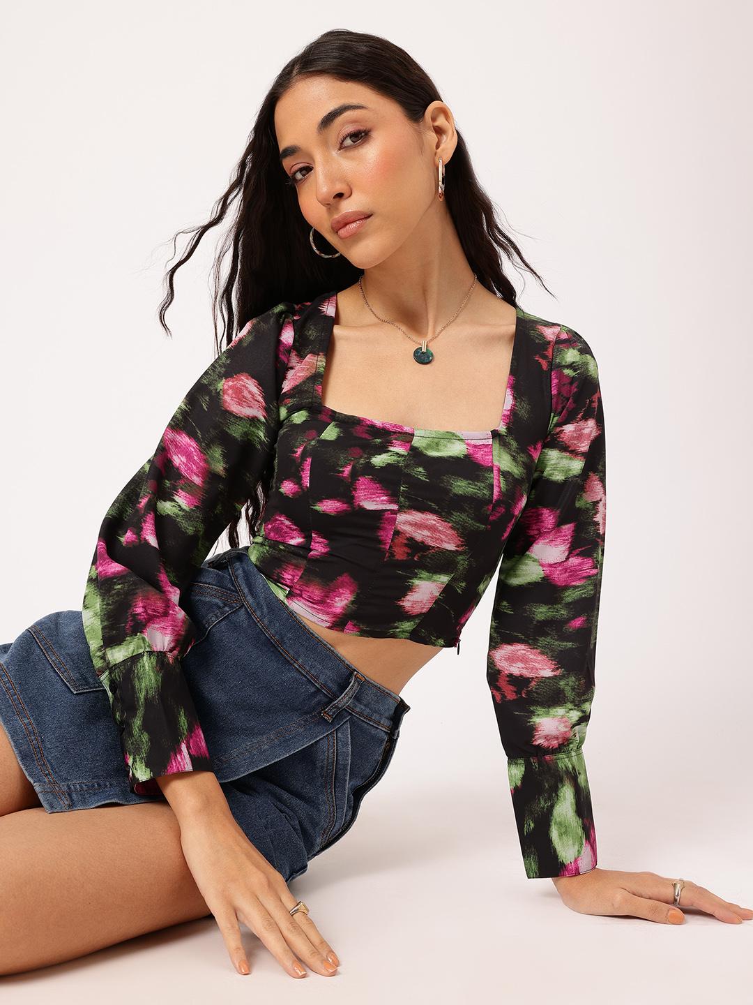Buy DressBerry Floral Cuffed Sleeve Crop Top - Tops for Women 31007833 ...