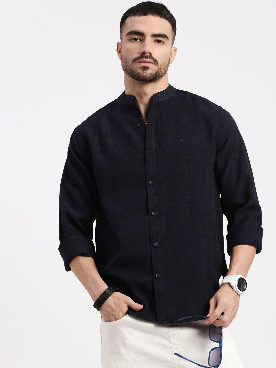 Buy SHOWOFF Men Standard Band Collar Solid Cotton Slim Fit Casual Shirt ...
