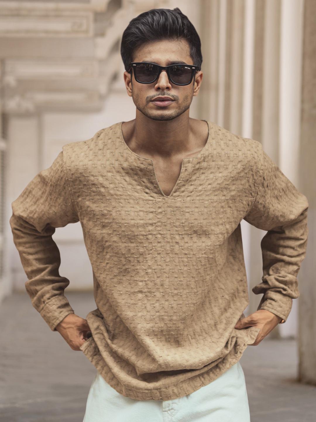 Buy Powerlook Collarless Textured Pure Cotton Regular Fit Casual Shirt ...