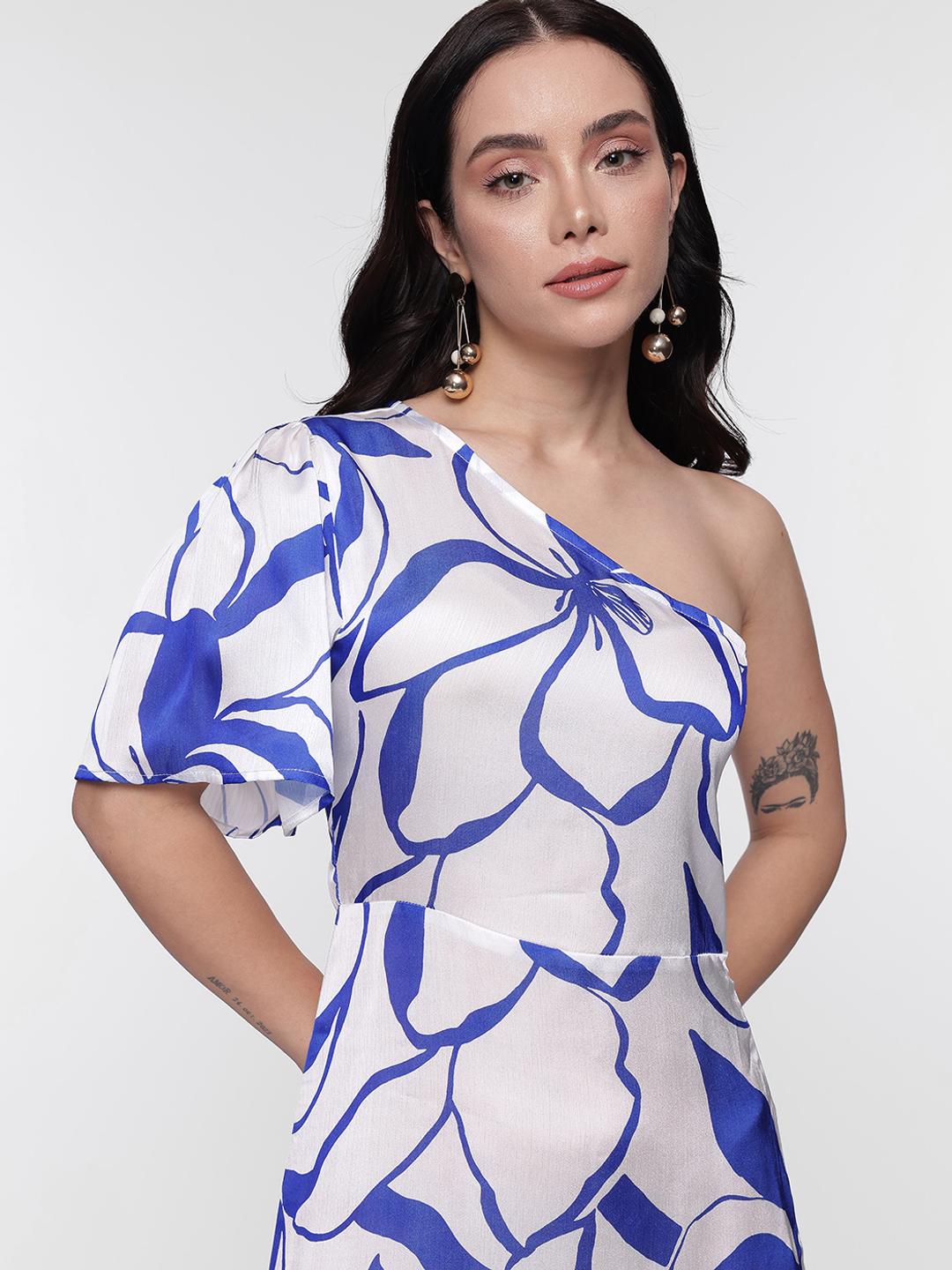 Buy French Connection Floral Printed One Shoulder Flared Sleeves A Line ...