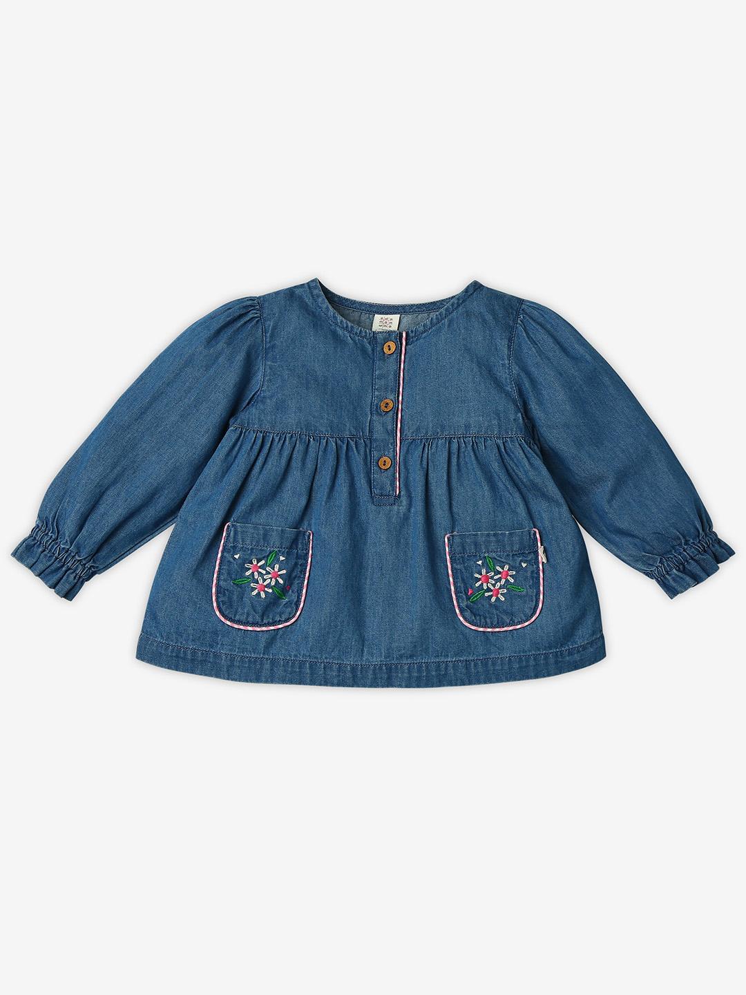 Buy Ed A Mamma Baby Girls Floral Embroidered Round Neck Cotton Top ...